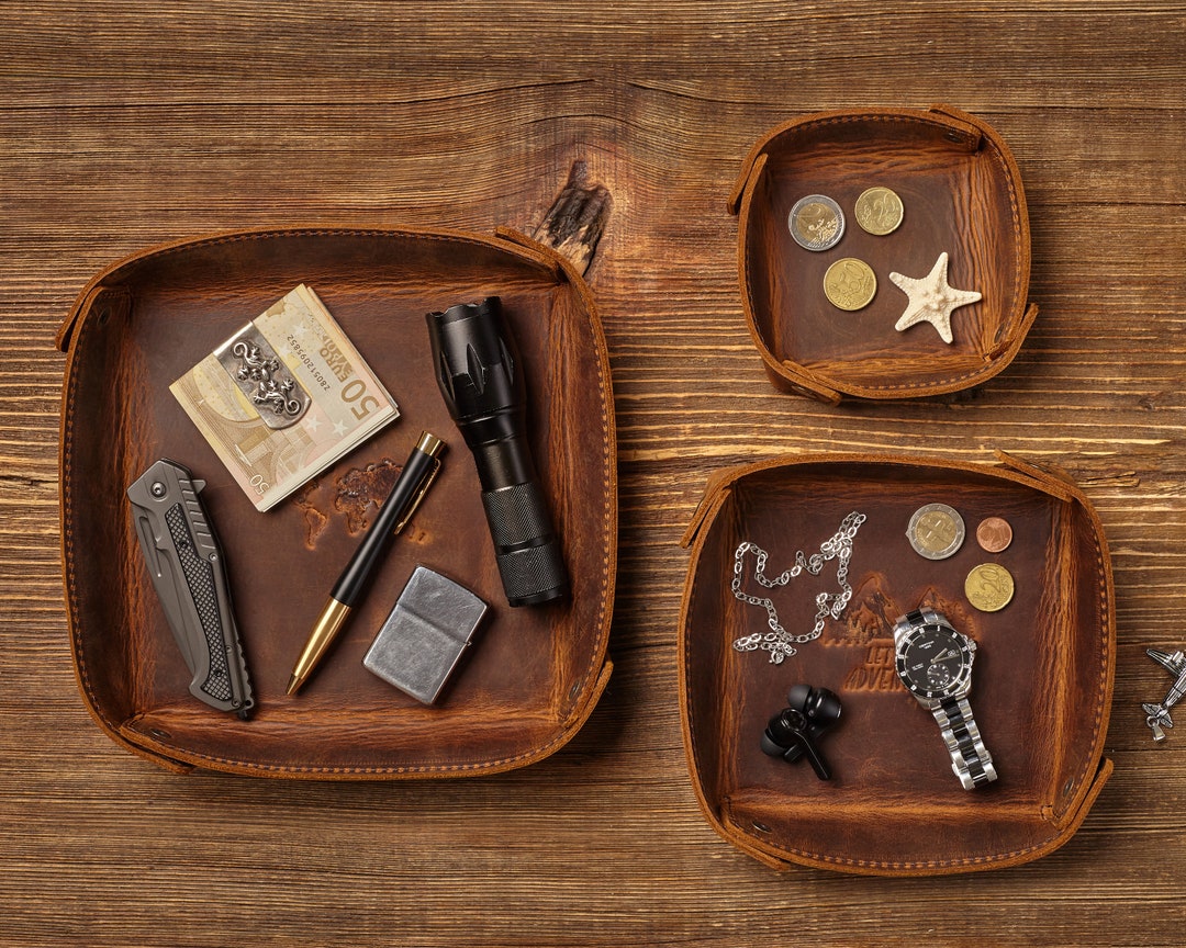 Engraved Key Watch Organizer, Custom Mens Gift, Leather Coin Valet Tray ...