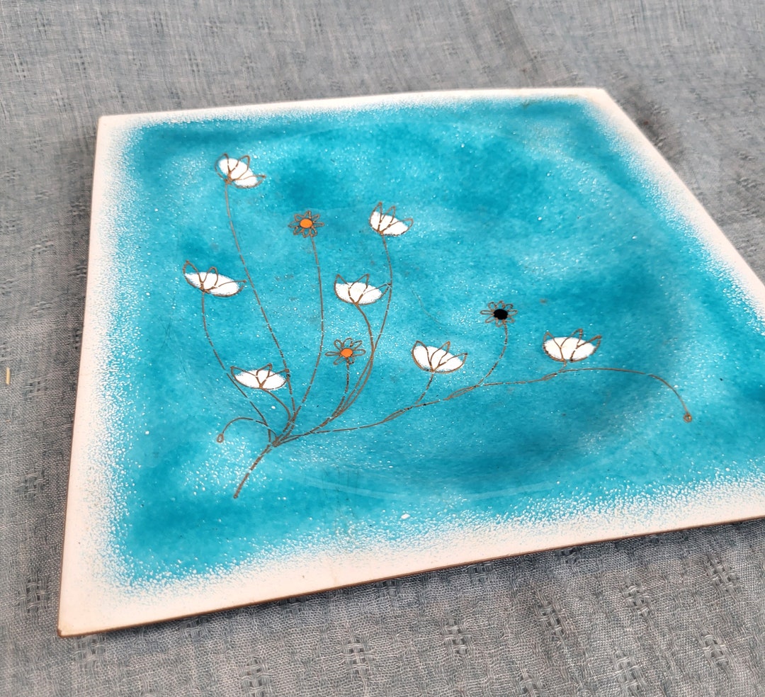 Gerte Hacker Copper Enamel Plate Square Turquoise and White Floral - Etsy