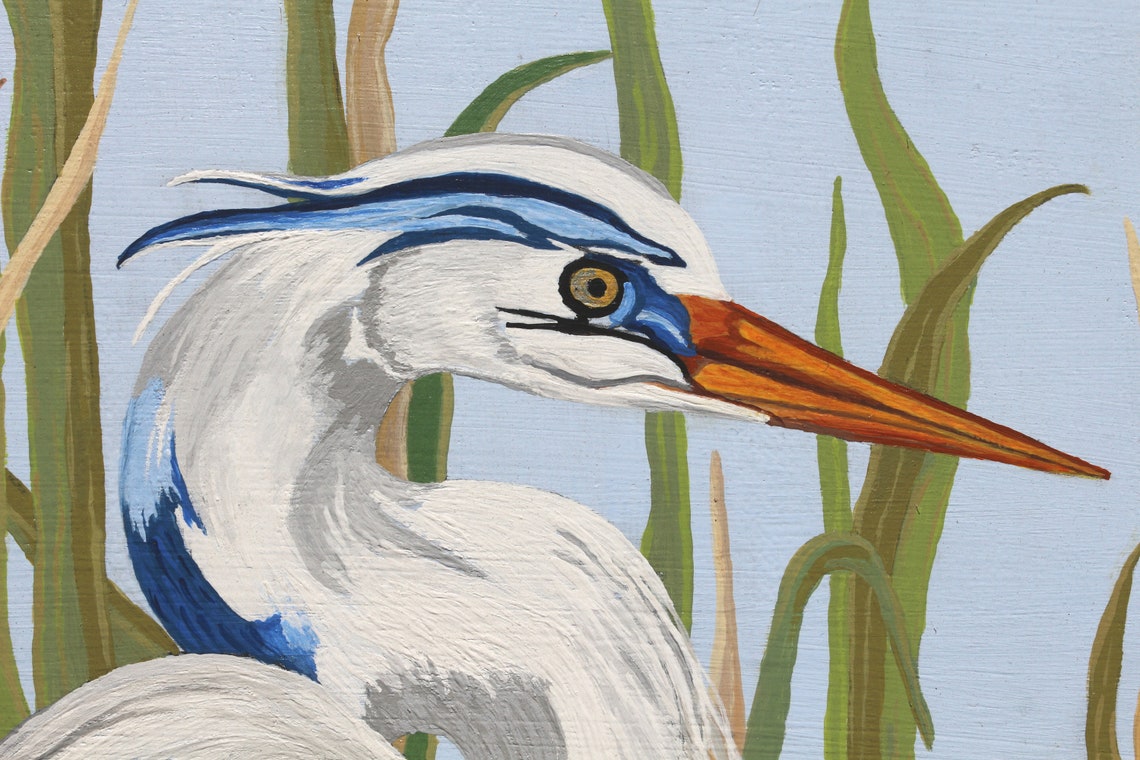 Lone Blue Egret With Reeds in Pale Blue Marsh - Etsy