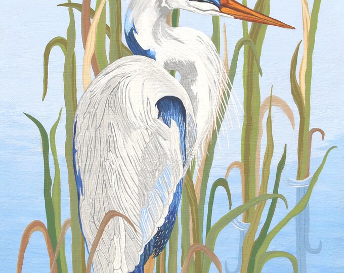 Lone Blue Egret With Reeds in Pale Blue Marsh - Etsy