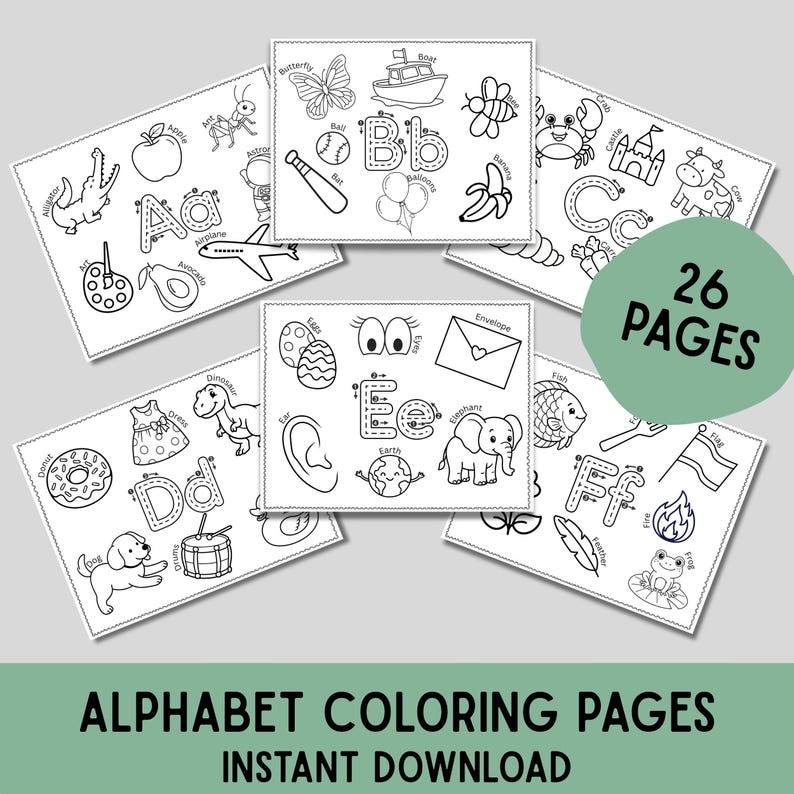 Alphabet Coloring Pages for Kids, 26 Page Set, Worksheets, ABC Learning ...