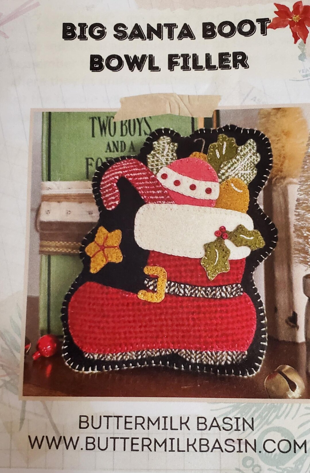 Wool Applique BUTTERMILK BASIN Big Santa Boot Bowl Filler Candy Cane ...