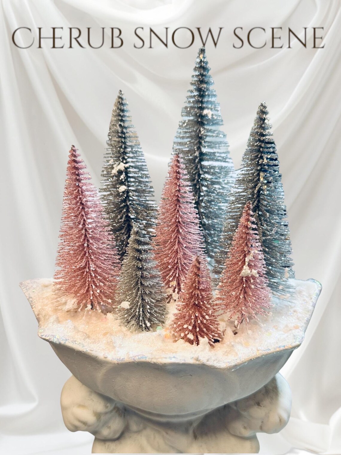 Angelic Cherubs Holding Pink and Green Trees in Pearls and Snow Scene ...
