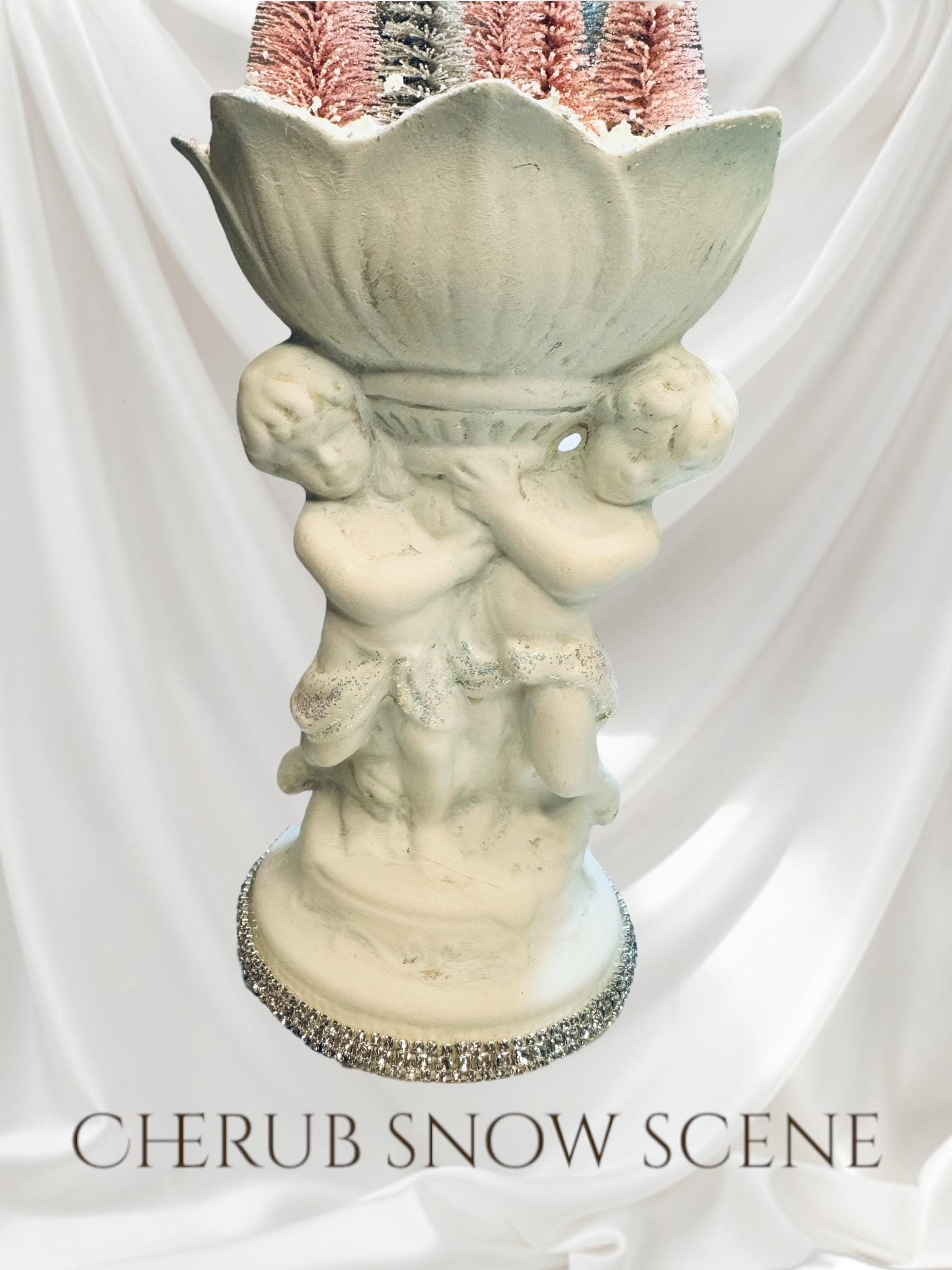 Angelic Cherubs Holding Pink and Green Trees in Pearls and Snow Scene ...