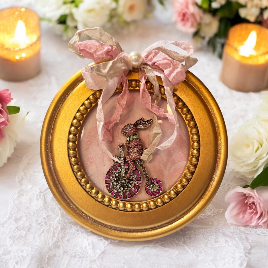 Jeweled Pink Bunny on a Unicycle, Gold Frame With Pastel Bow. - Etsy