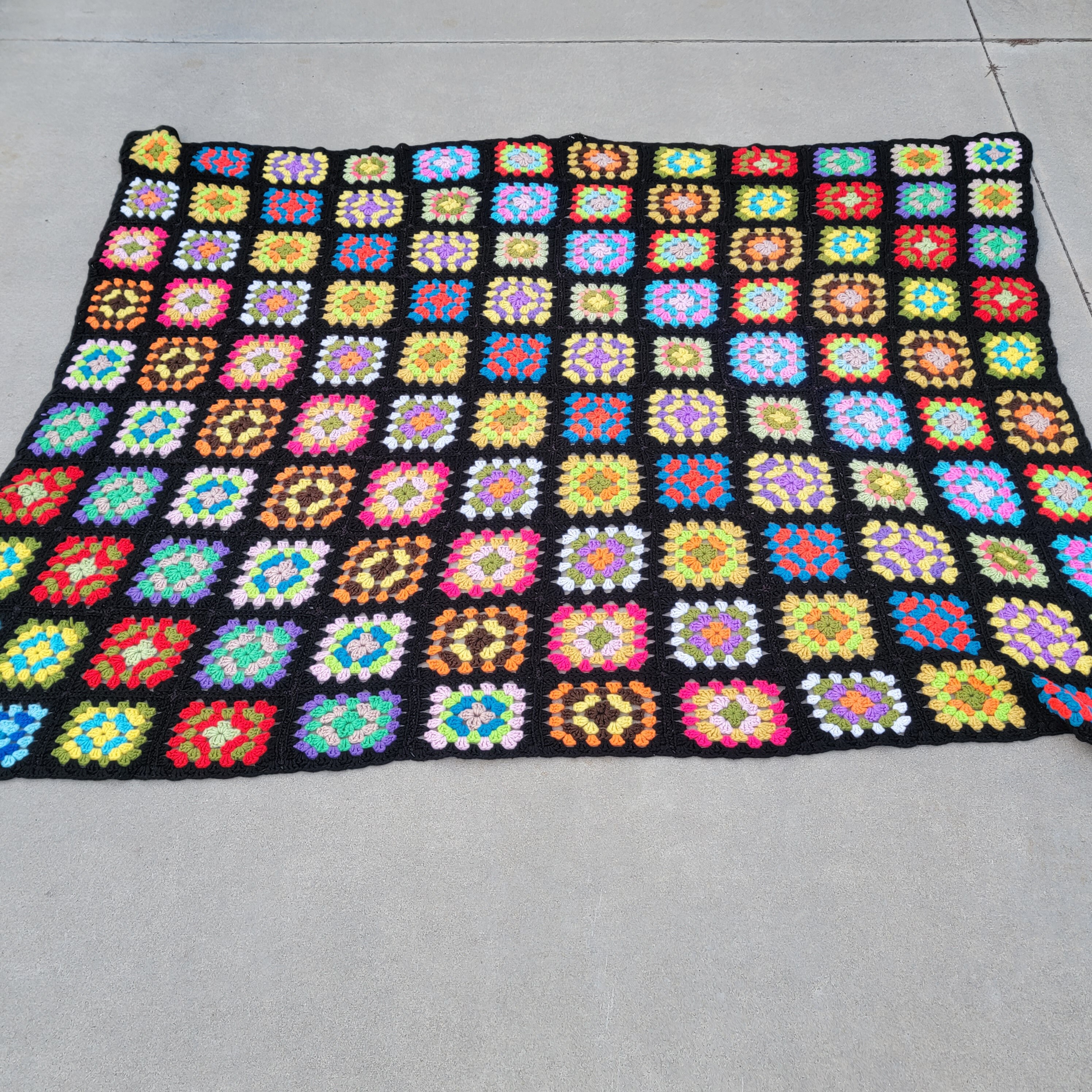 Vintage Granny Square Black Afghan Crochet Throw Blanket Roseanne / Big Bang Theory Size 62 X 79 ...