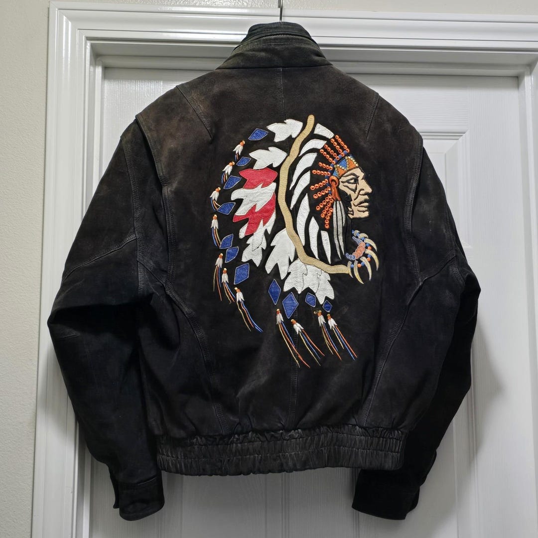 VTG Suede Bomber Leather Jacket Native American Chief Embroidery Men's ...