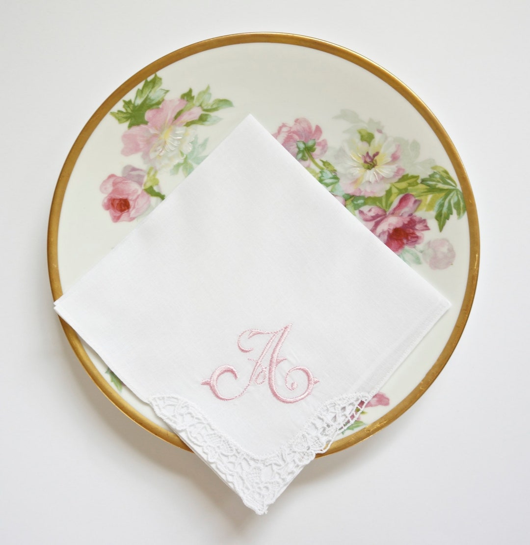FRENCH SCRIPT FONT Embroidered Monogrammed Handkerchief, Personalized ...