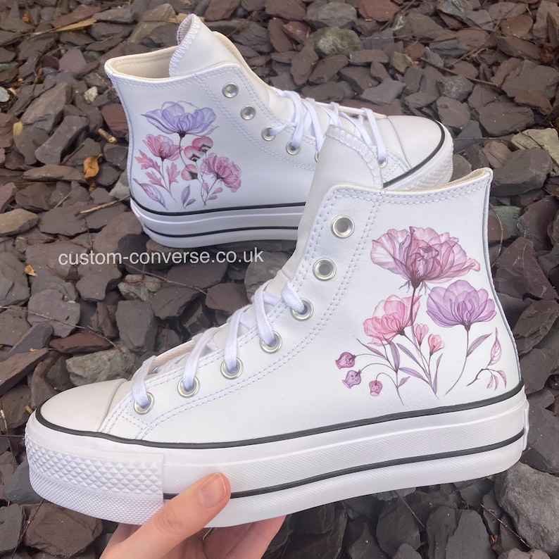 White Platform Leather High Top Converse With Floral Design - Etsy