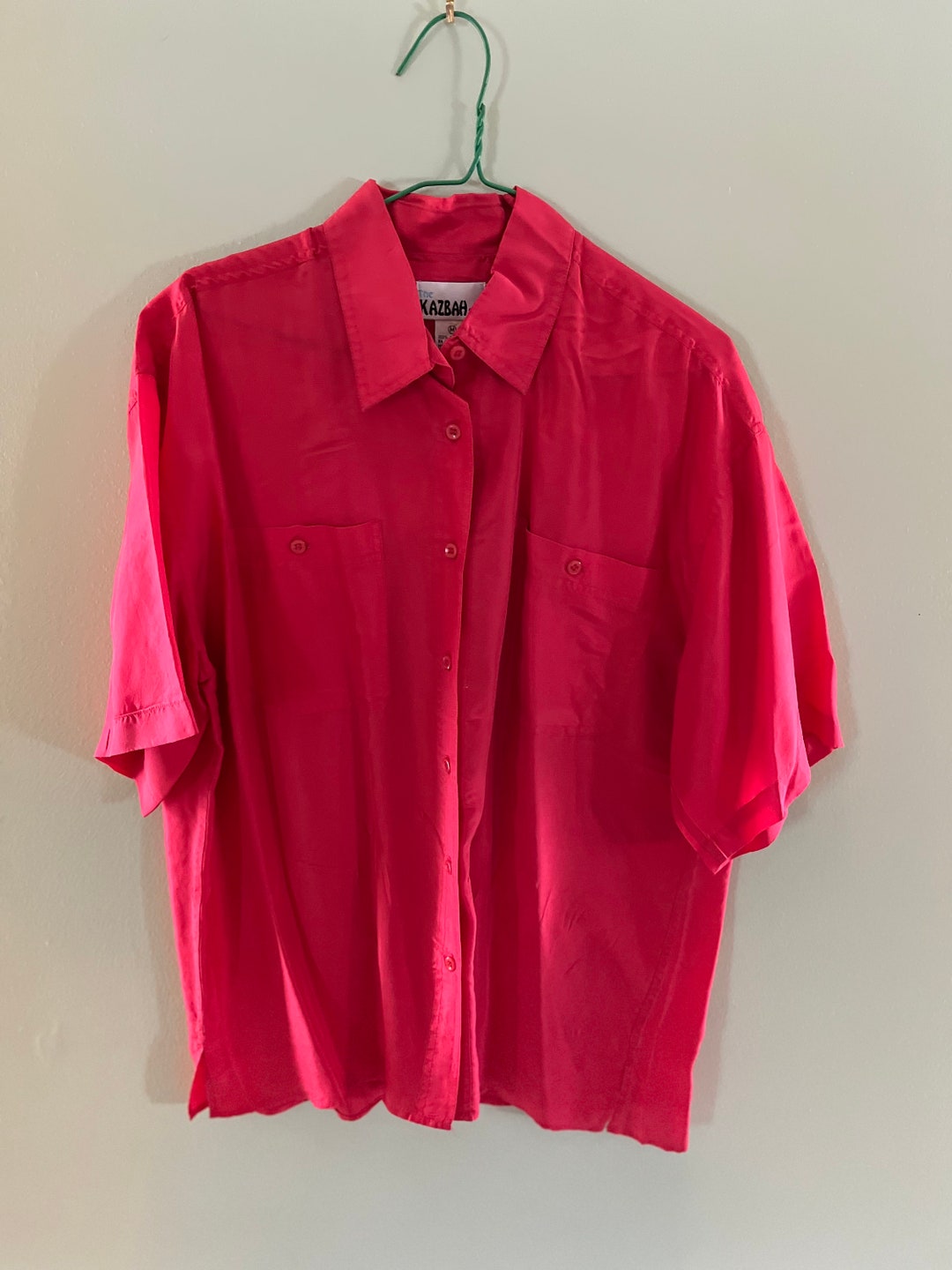 Crimson Red Silk Shirt Button up Shirt Short Sleeve 1980s Oversized ...