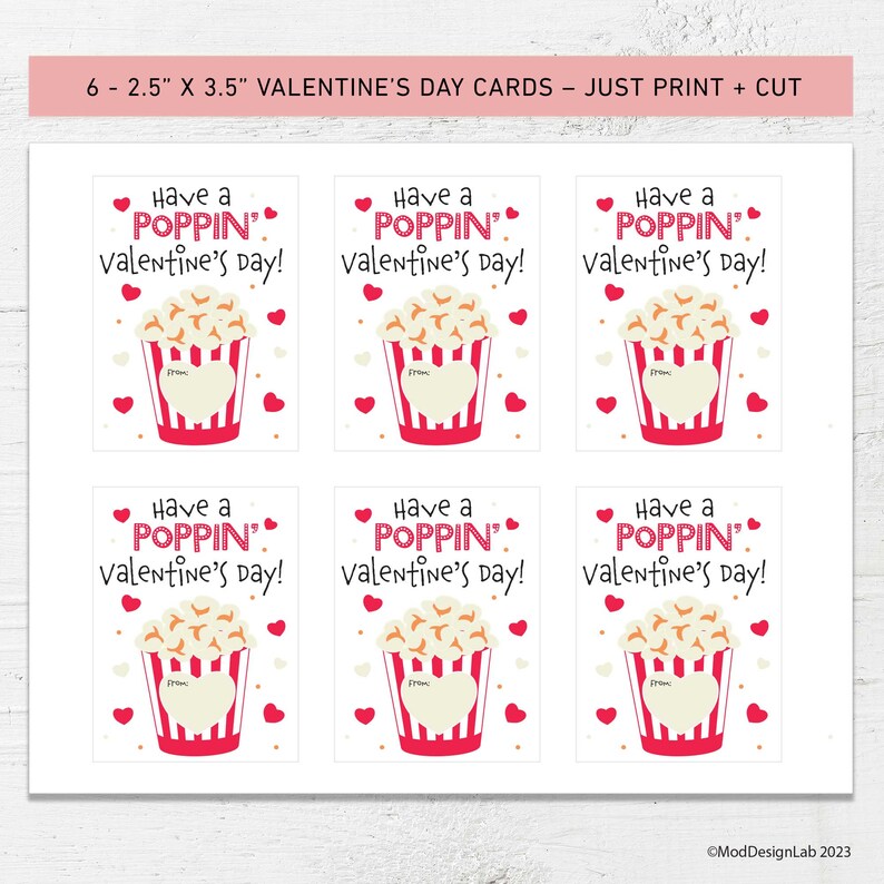 Popcorn Valentine's Day Cards/tags for Kids and School, Printable ...