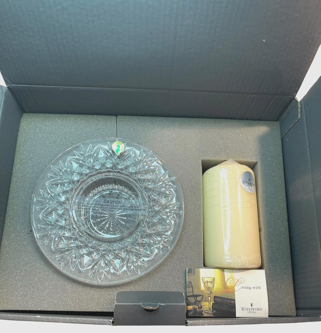 Waterford Crystal Bethany 8" Round Candle Holder & 3" Pillar Candle-new ...