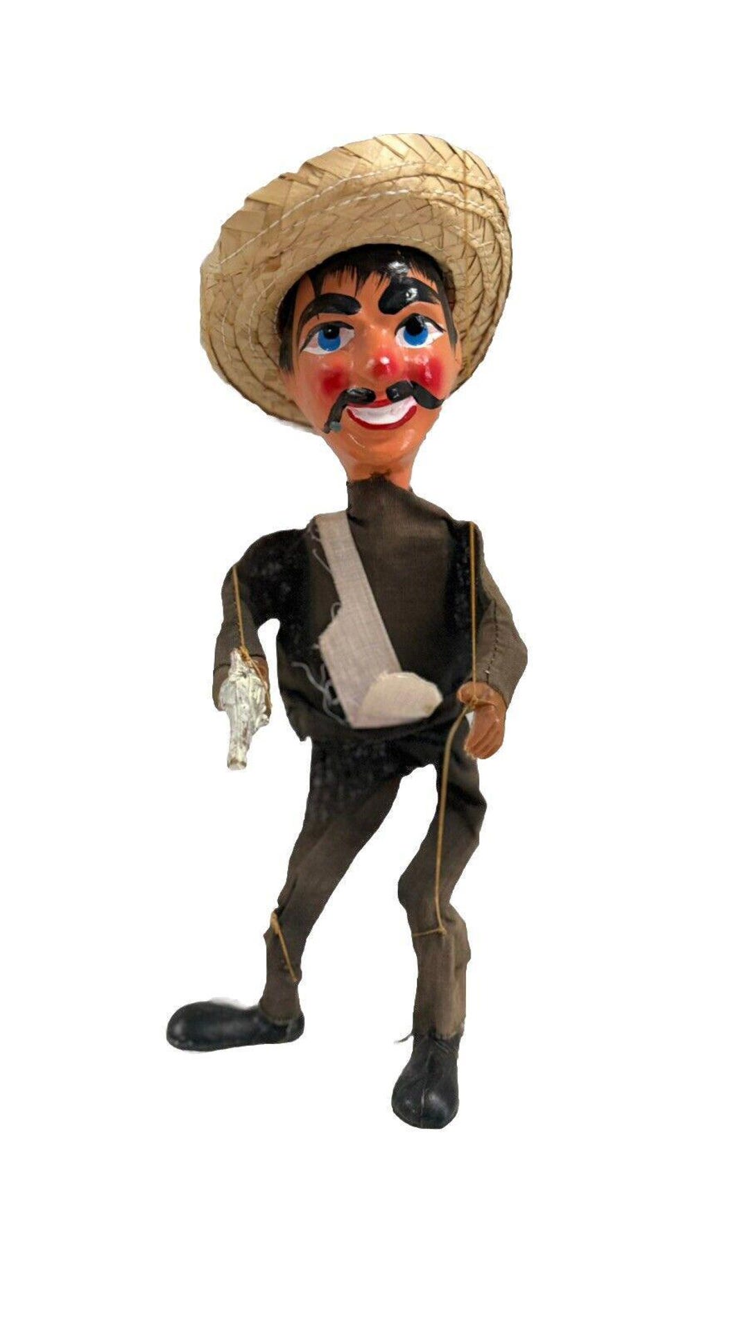 Vintage Mexican Man Marionette String Puppet Doll With Straw Hat Man ...