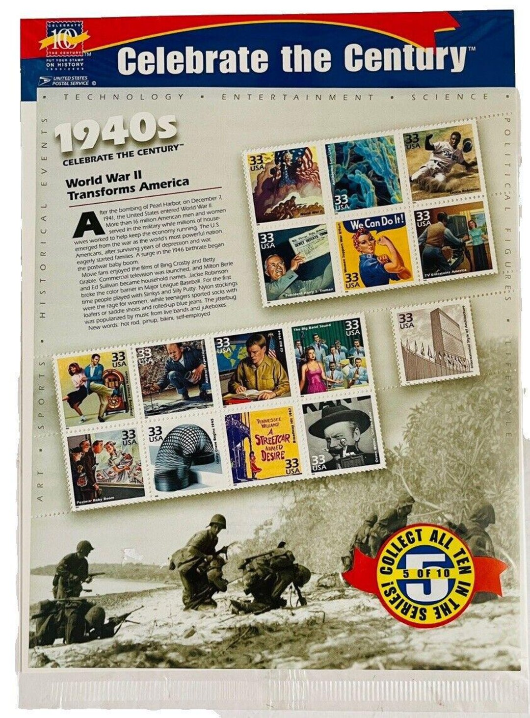 Vintage USPS Celebrate the Century 1940's Item 5543 World War II Stamp ...