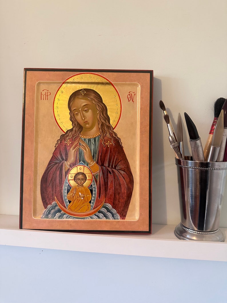 Theotokos, Mother of God Hand Painted Icon in Traditional Byzantine Style, Natural Pigments in ...