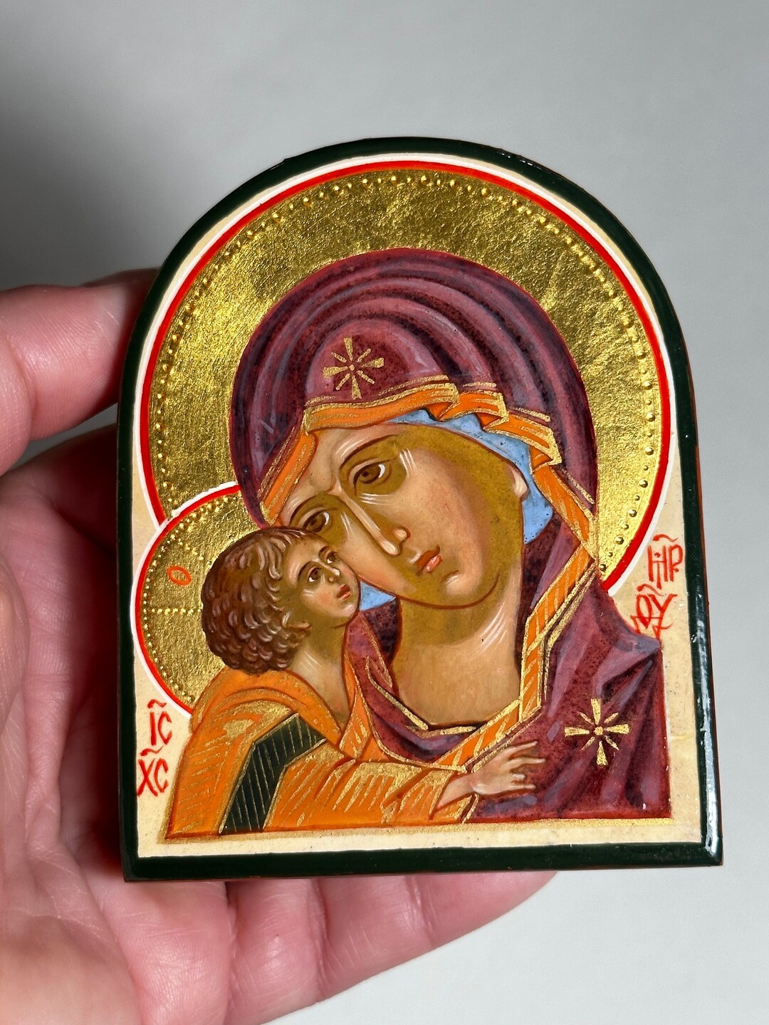 Theotokos Tenderness Hand Painted Icon in Traditional Style, Natural ...