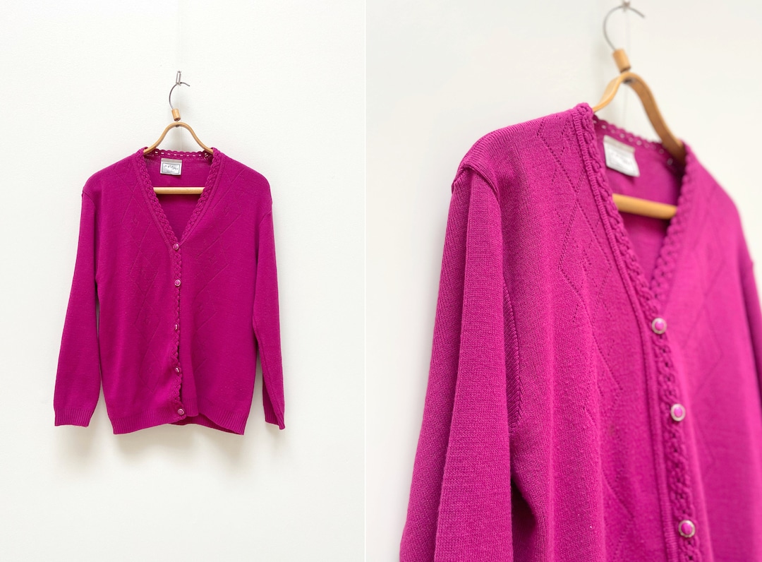 Vintage 90s Fuchsia Cardigan L Women Pink Cardigan Rhombus Cardigan ...
