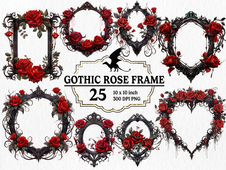 25 Watercolor Gothic Rose Frames Clipart PNG Gothic Rose, Dark Floral ...