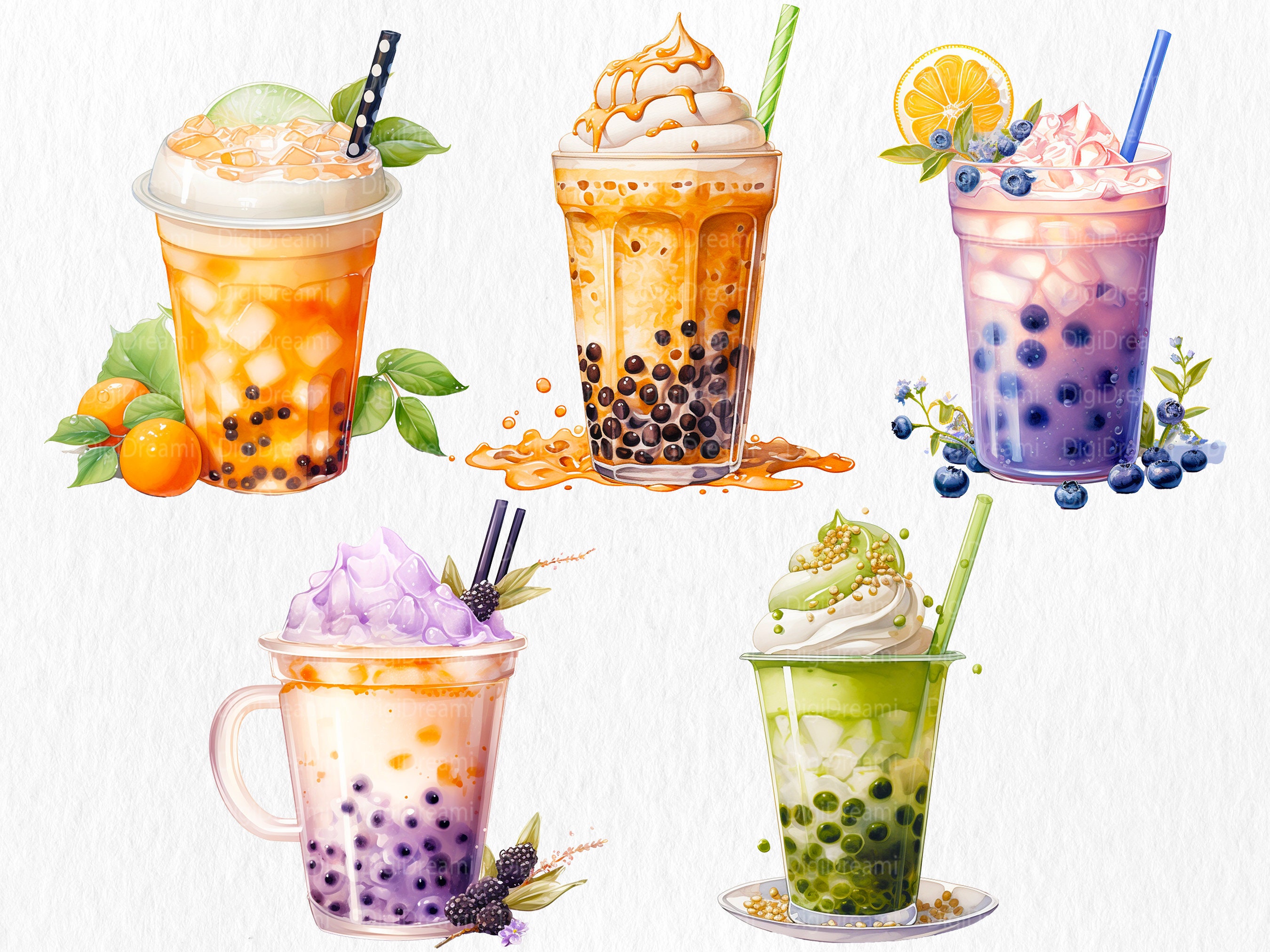 25 Watercolor Delicious Bubble Tea Clipart PNG Fruity Magical Bubble ...
