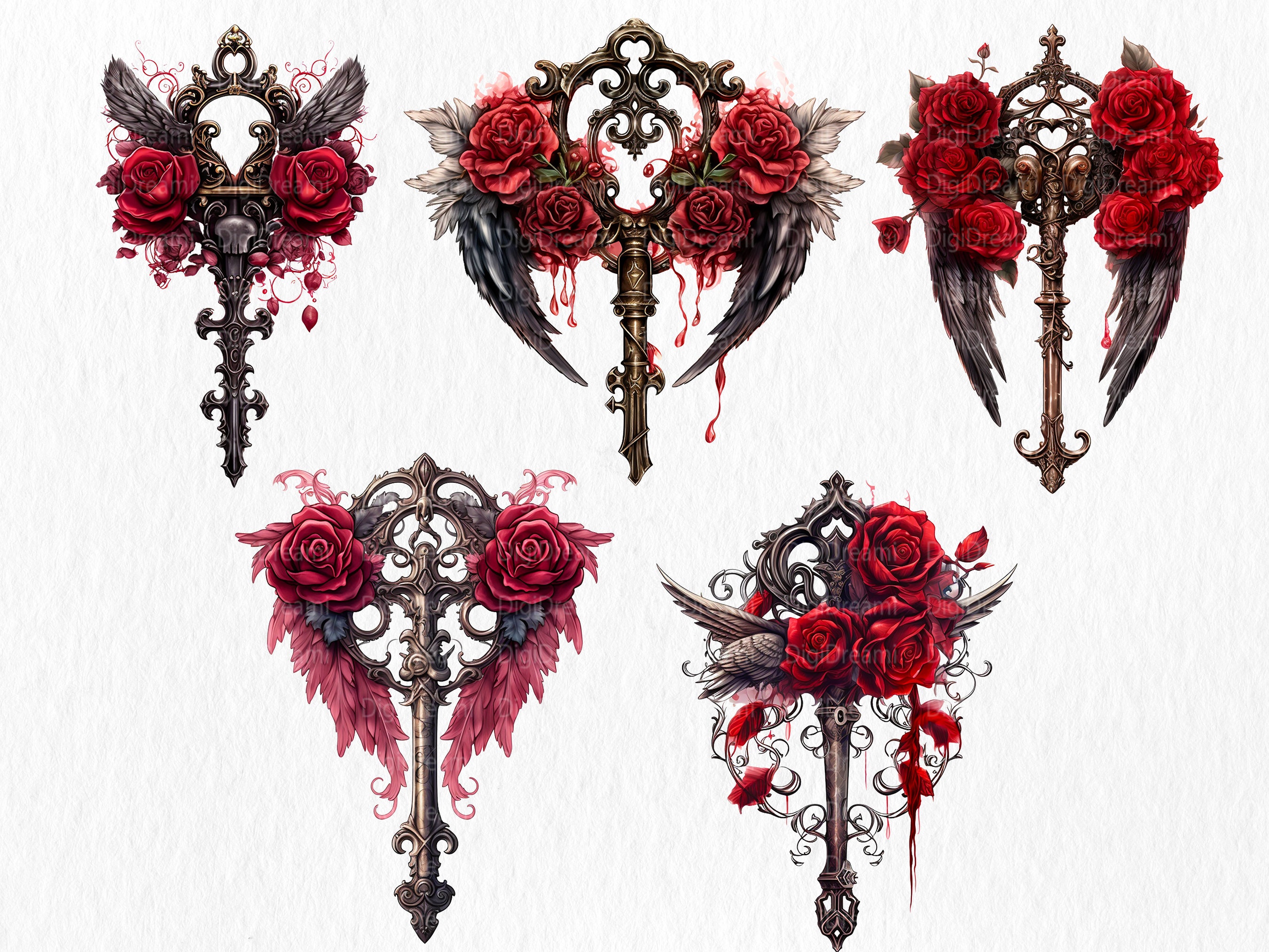25 Watercolor Gothic Rose Key Clipart PNG Gothic Winged Key - Etsy