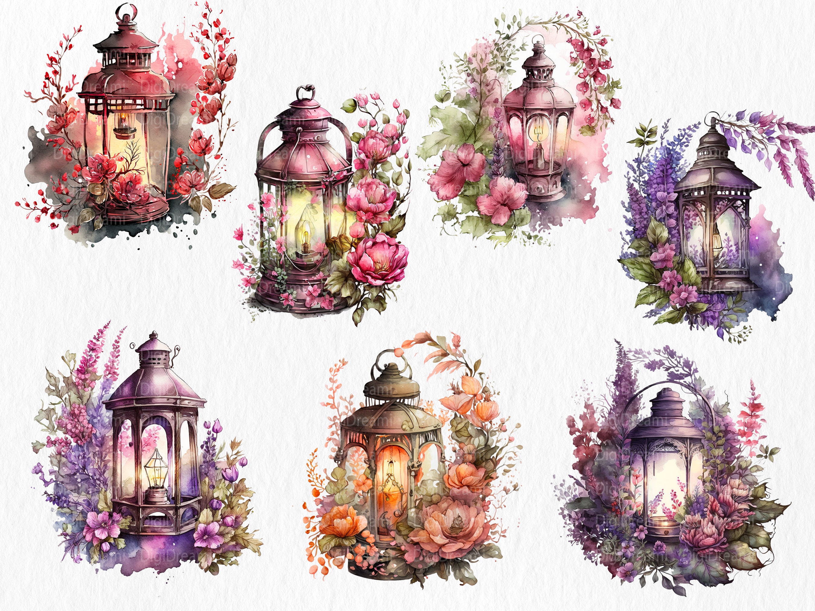 20 Enchanting Watercolor Floral Cottage Lantern Clipart PNG Whimsical ...