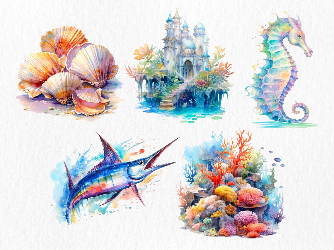 25 Watercolor Under the Sea Clipart PNG Fantasy Marine Life, for ...