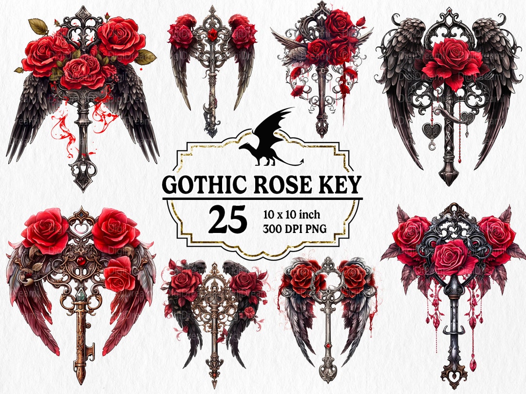 25 Watercolor Gothic Rose Key Clipart PNG Gothic Winged Key, Dark ...