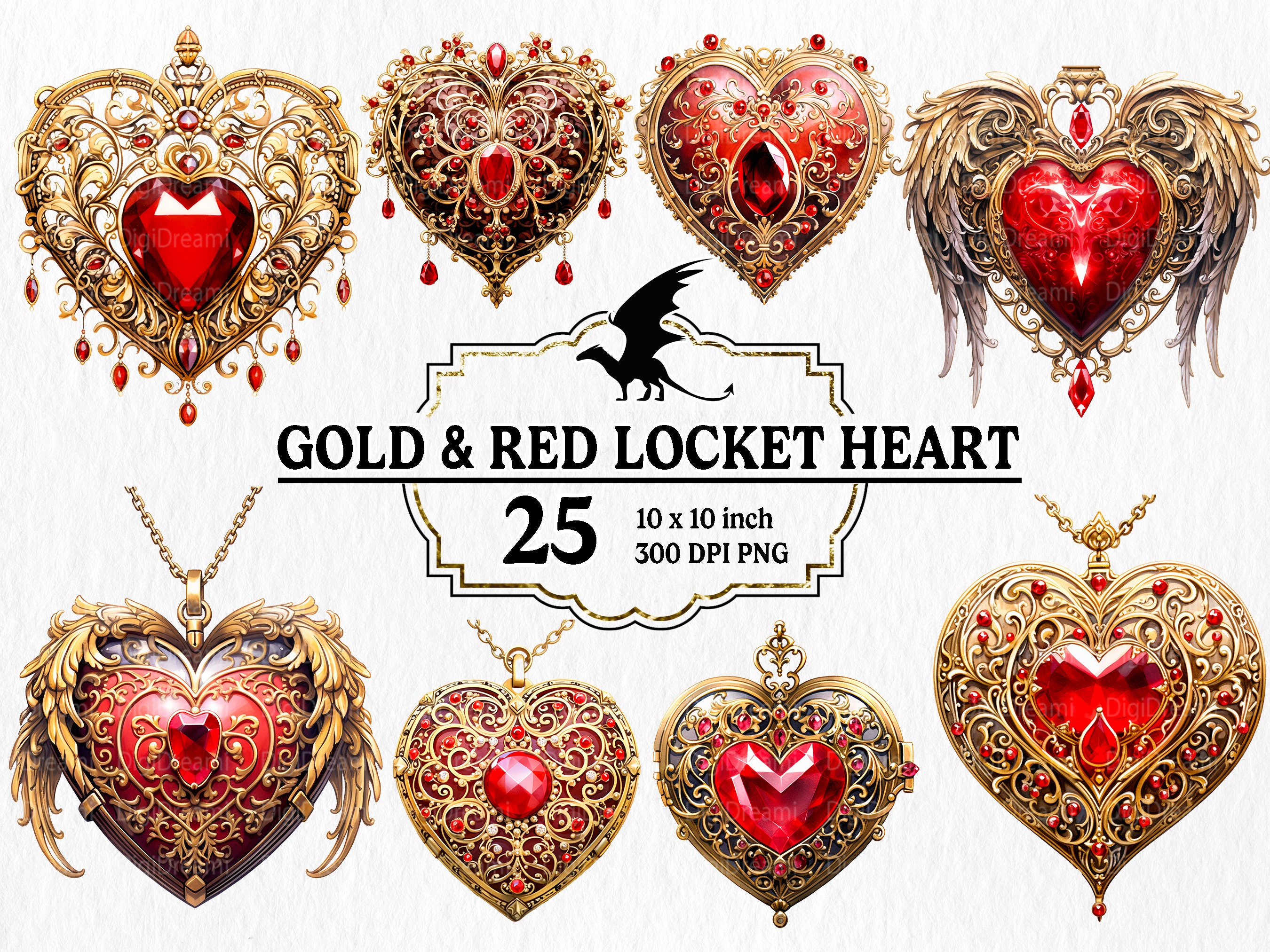 Buy 25 Watercolor Gold & Red Locket Heart Clipart PNG Locket Heart ...