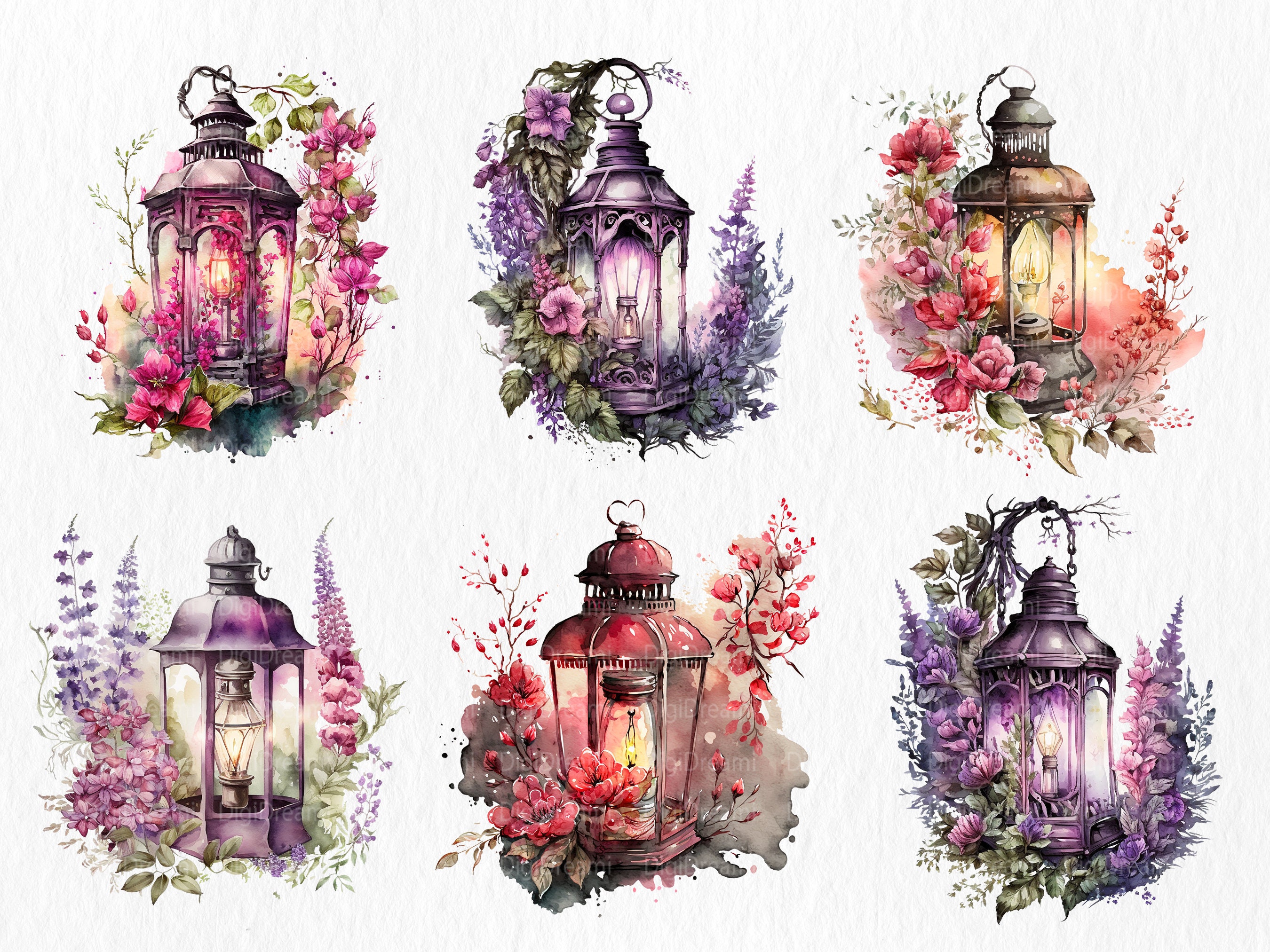 20 Enchanting Watercolor Floral Cottage Lantern Clipart PNG Whimsical ...