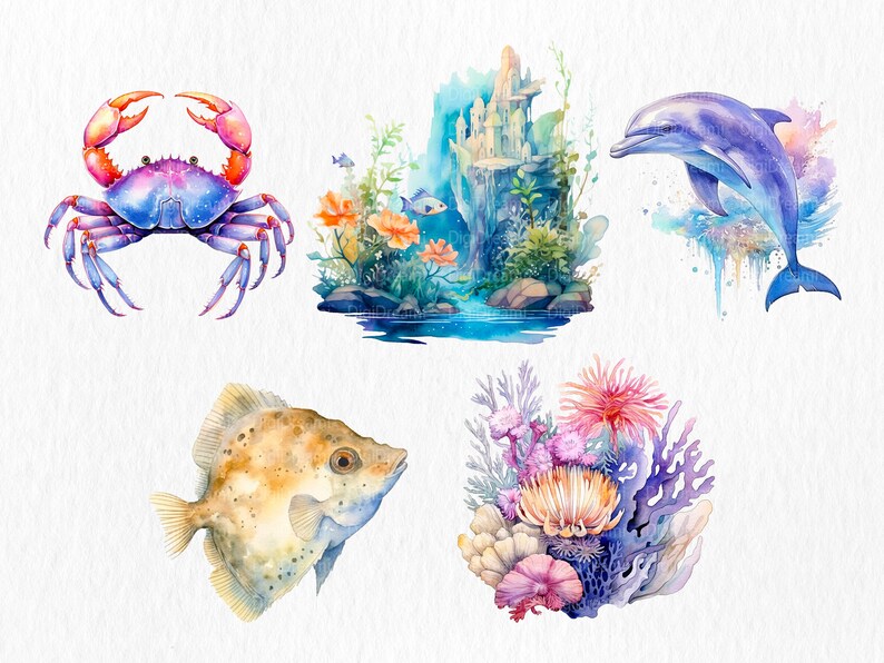 25 Watercolor Under the Sea Clipart PNG Fantasy Marine Life, for ...