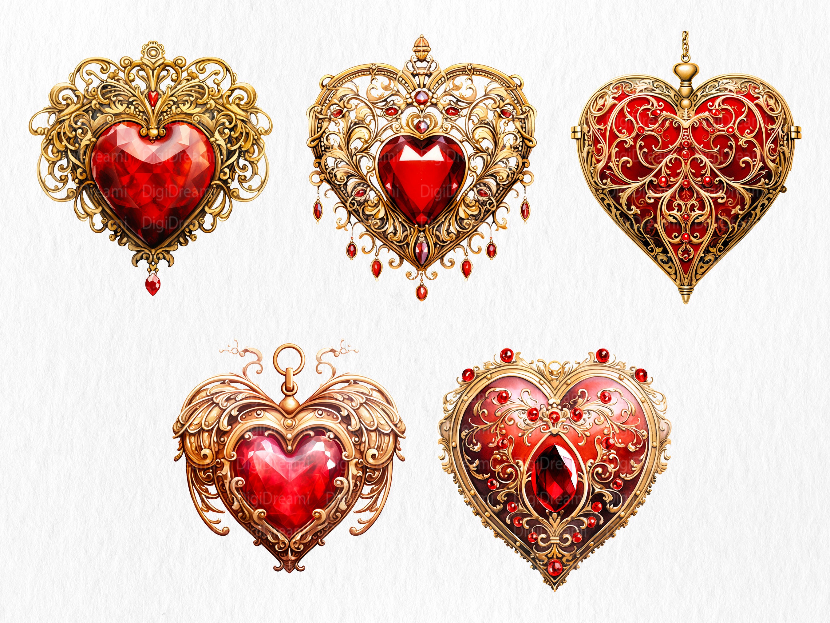 Buy 25 Watercolor Gold & Red Locket Heart Clipart PNG Locket Heart ...