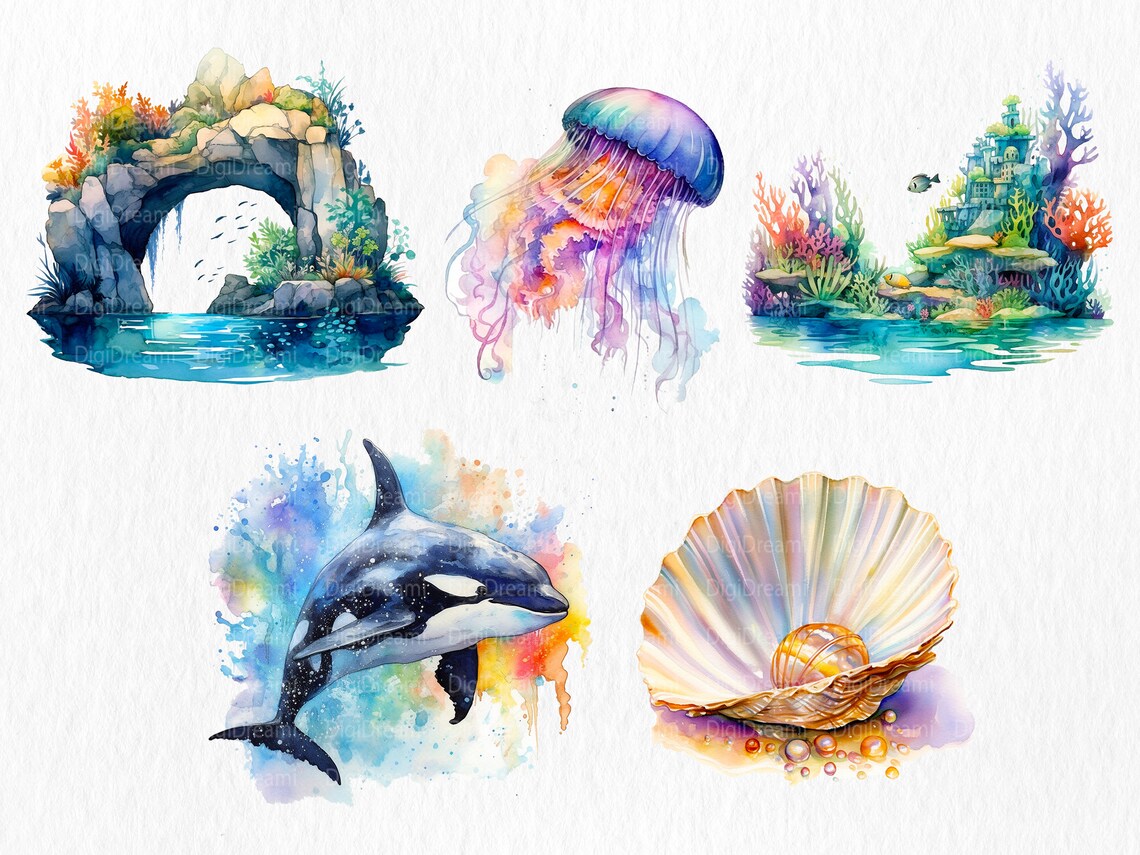 25 Watercolor Under the Sea Clipart PNG Fantasy Marine Life, for ...