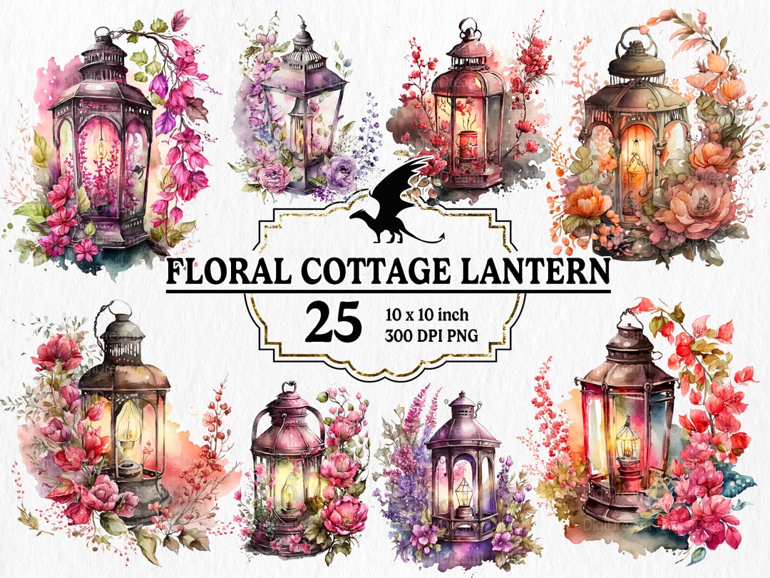 20 Enchanting Watercolor Floral Cottage Lantern Clipart PNG Whimsical ...