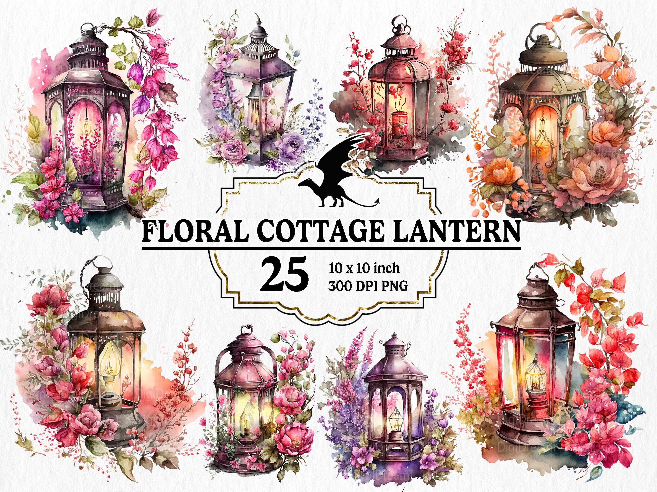 20 Enchanting Watercolor Floral Cottage Lantern Clipart PNG Whimsical ...