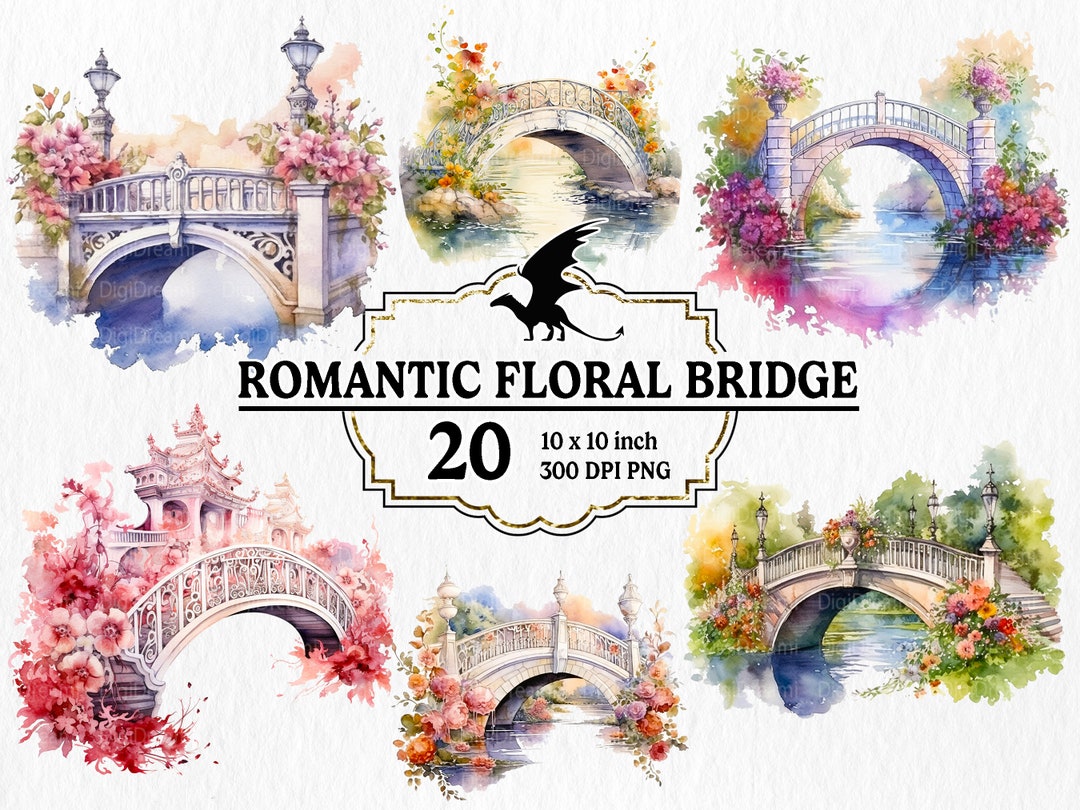 25 Watercolor Romantic Floral Bridge Clipart PNG Magical, Enchanting ...