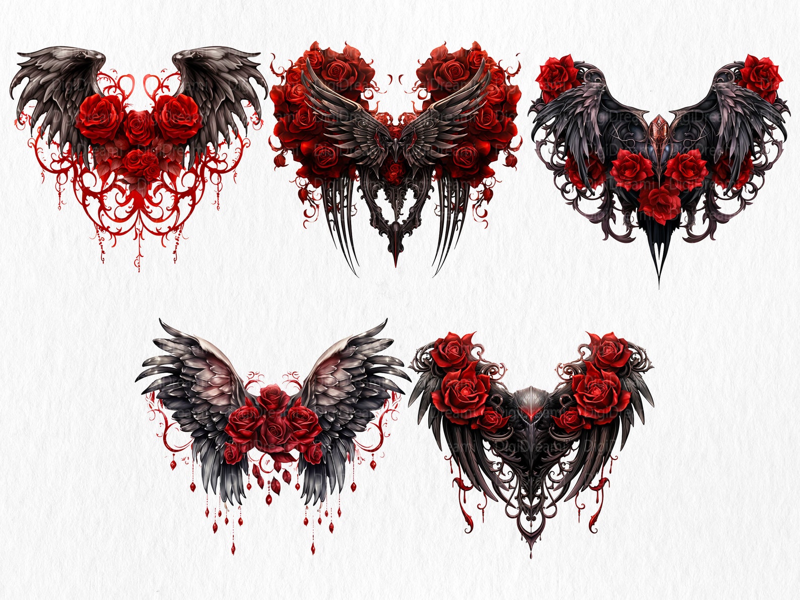 25 Watercolor Gothic Rose Wings Clipart PNG Gothic Rose Wing, Dark ...
