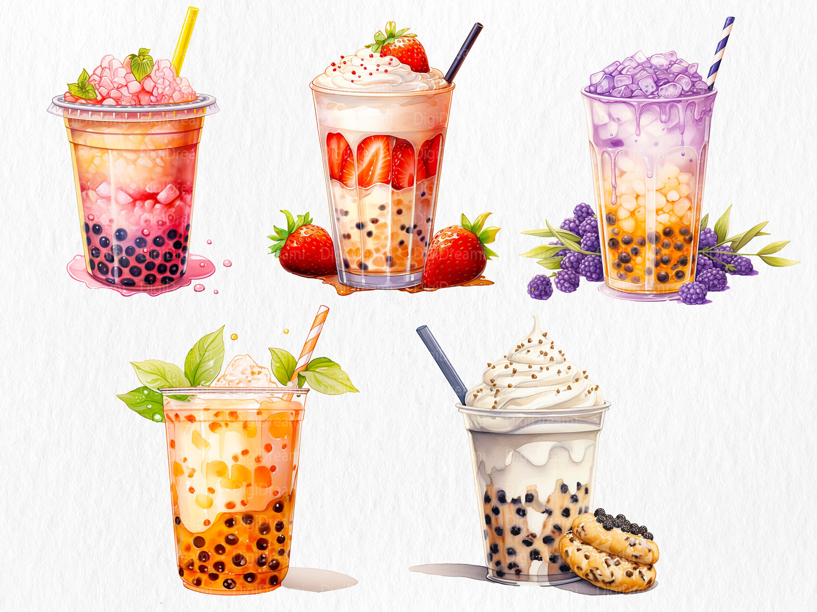 25 Watercolor Delicious Bubble Tea Clipart PNG Fruity Magical Bubble ...