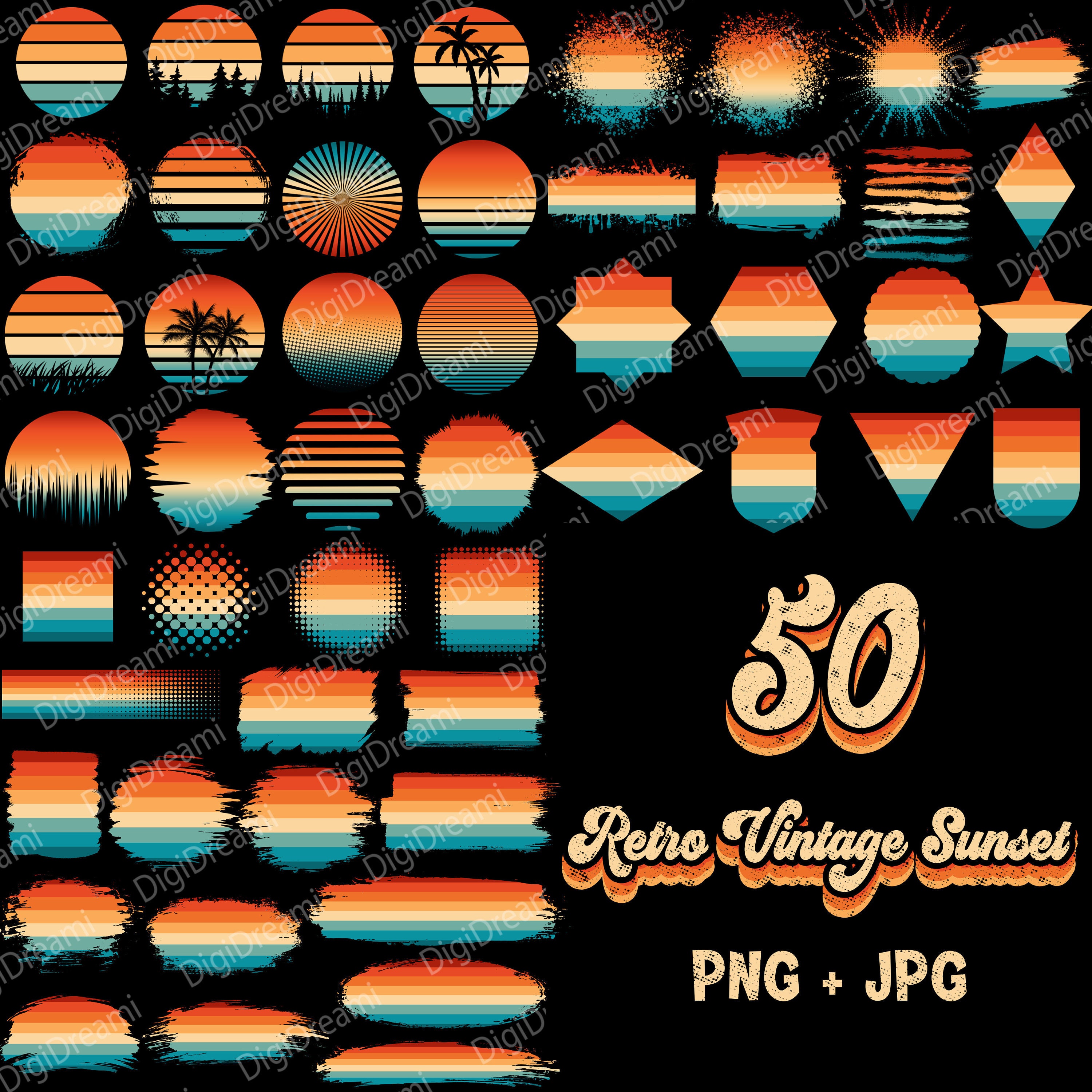 50 Retro Vintage Sunset Clipart PNG JPG Different Shapes Vintage Retro ...