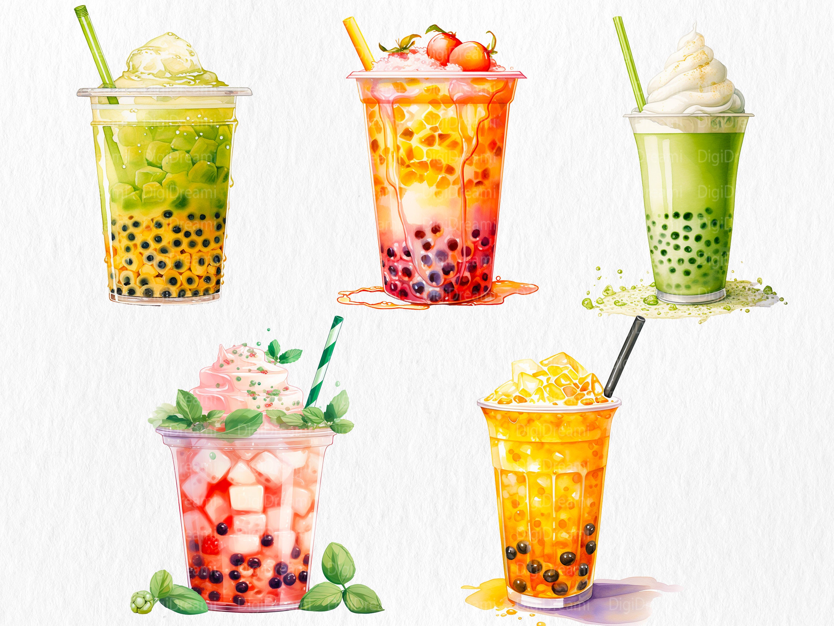 25 Watercolor Delicious Bubble Tea Clipart PNG Fruity Magical Bubble ...