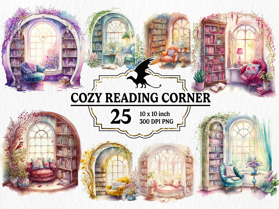 25 Watercolor Cozy Reading Corner Clipart PNG Enchanted Book Nook ...