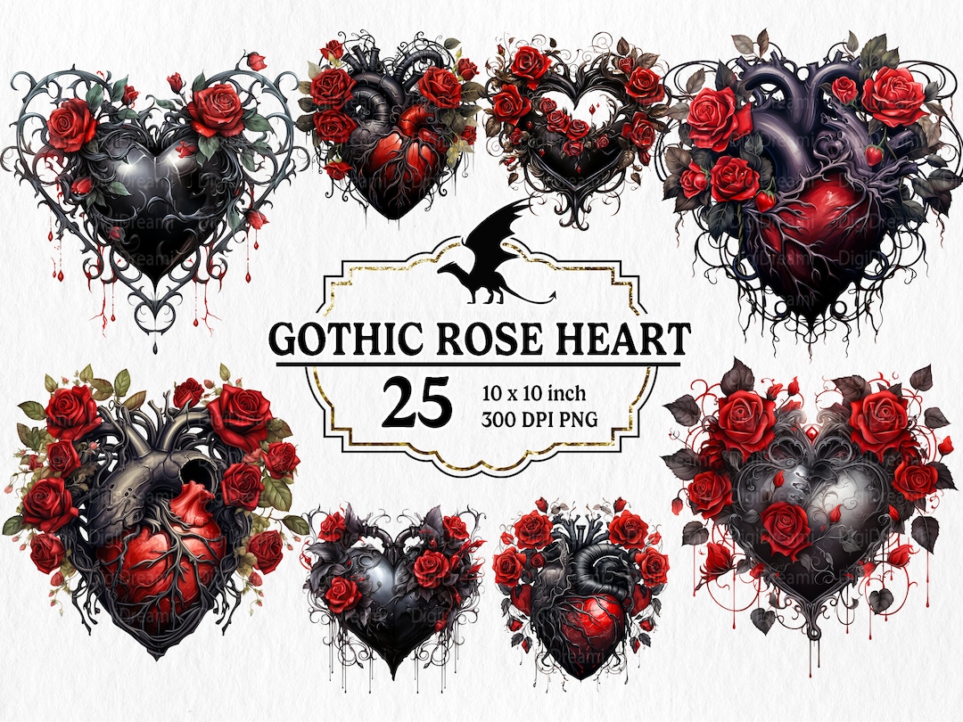 25 Watercolor Gothic Rose Heart Clipart PNG Gothic Rose - Etsy