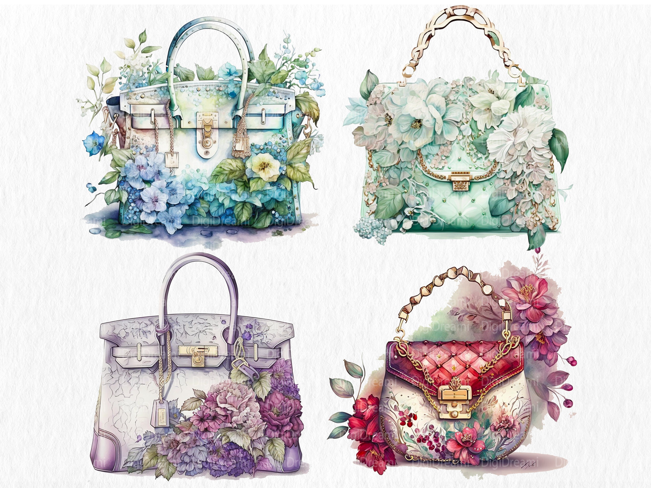 20 Watercolor Floral Designer Bag Set 4 Clipart PNG floral Flower Chic ...