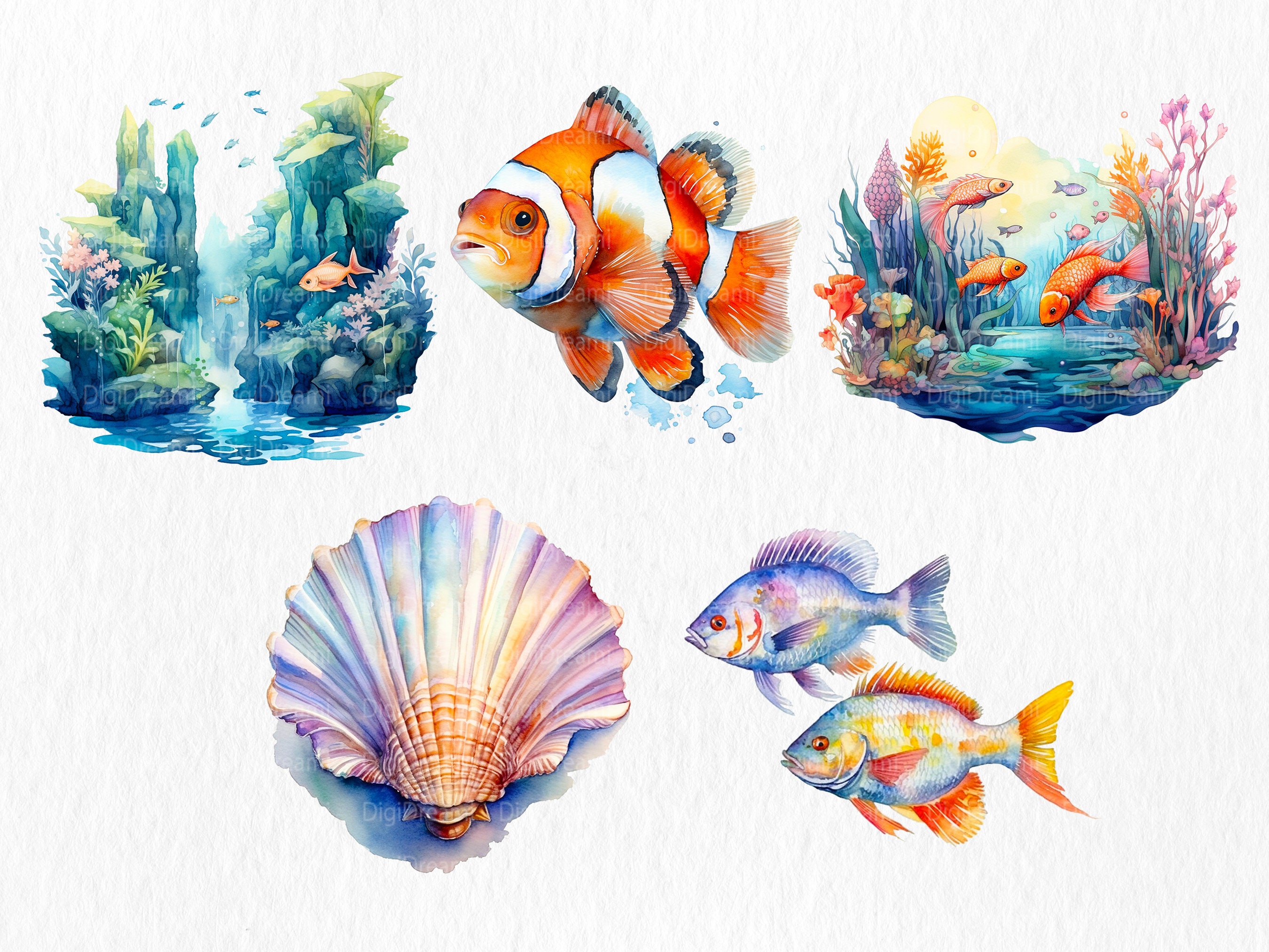 25 Watercolor Under the Sea Clipart PNG Fantasy Marine Life, for ...