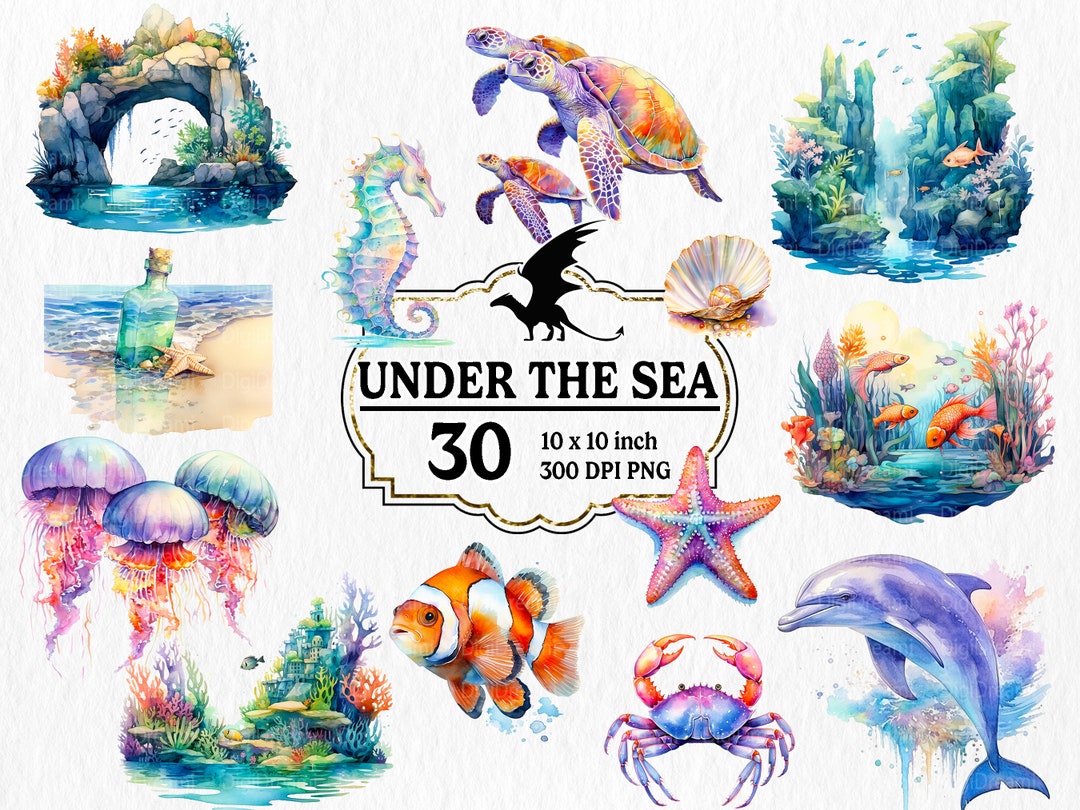 25 Watercolor Under the Sea Clipart PNG Fantasy Marine Life, for ...