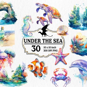 25 Watercolor Under the Sea Clipart PNG Fantasy Marine Life, for ...