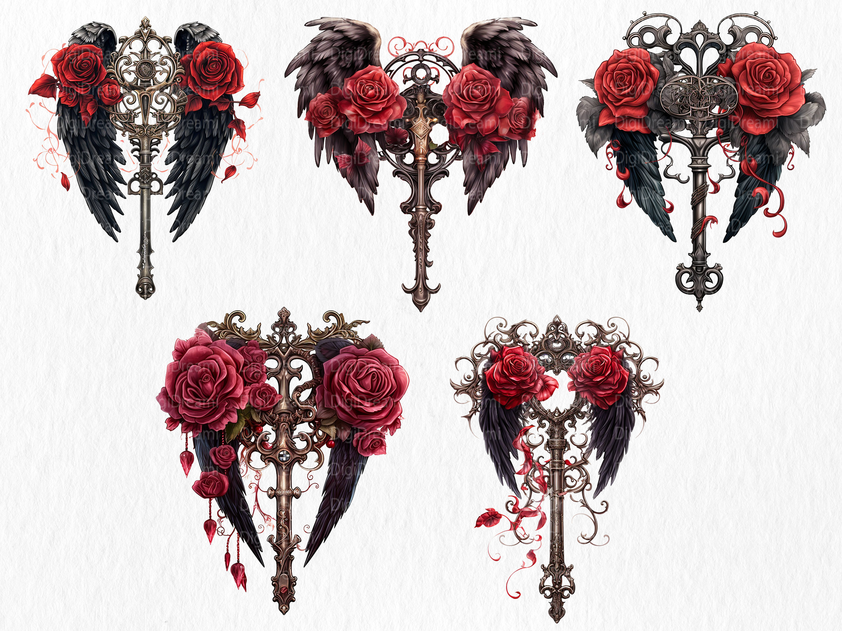 25 Watercolor Gothic Rose Key Clipart PNG Gothic Winged Key - Etsy
