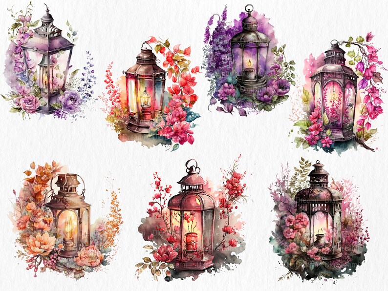 20 Enchanting Watercolor Floral Cottage Lantern Clipart PNG Whimsical ...