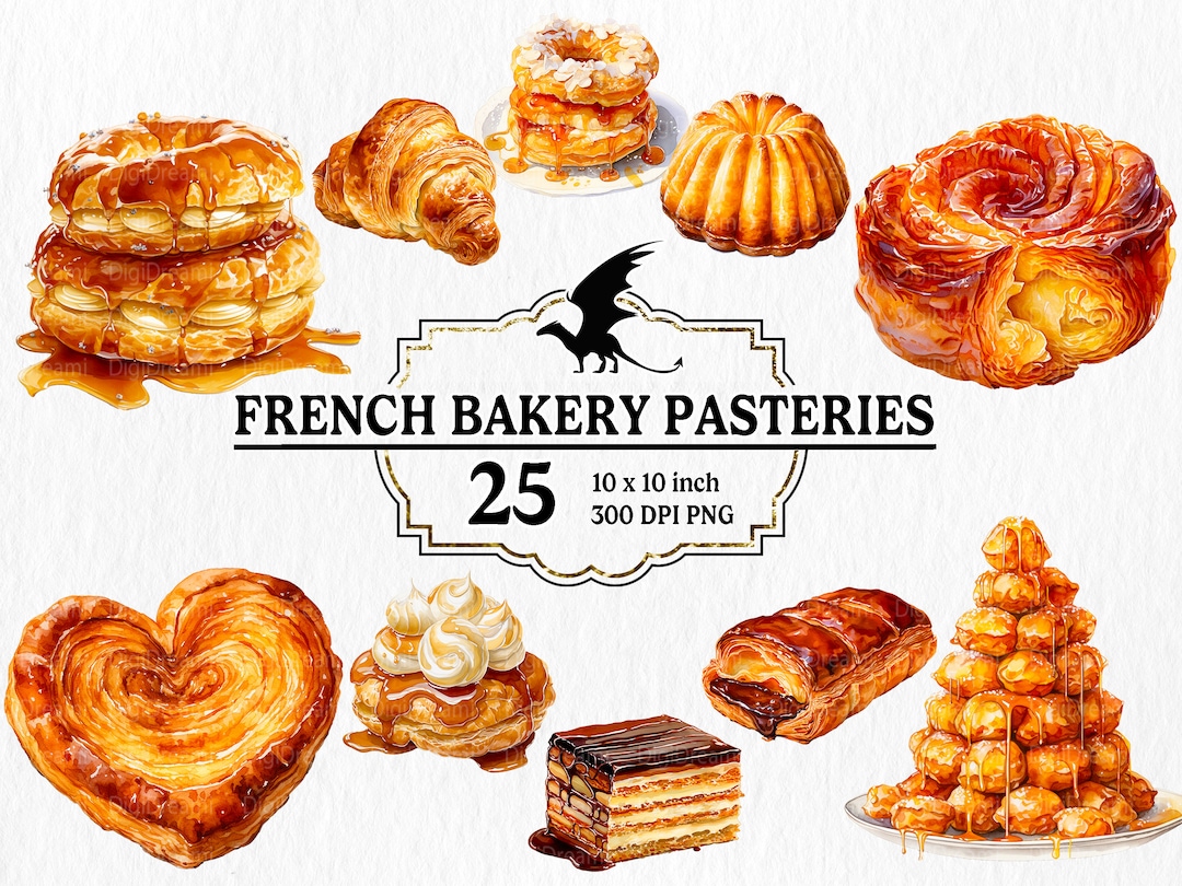 25 Watercolor French Bakery Pasteries Clipart PNG French Pastery, for ...