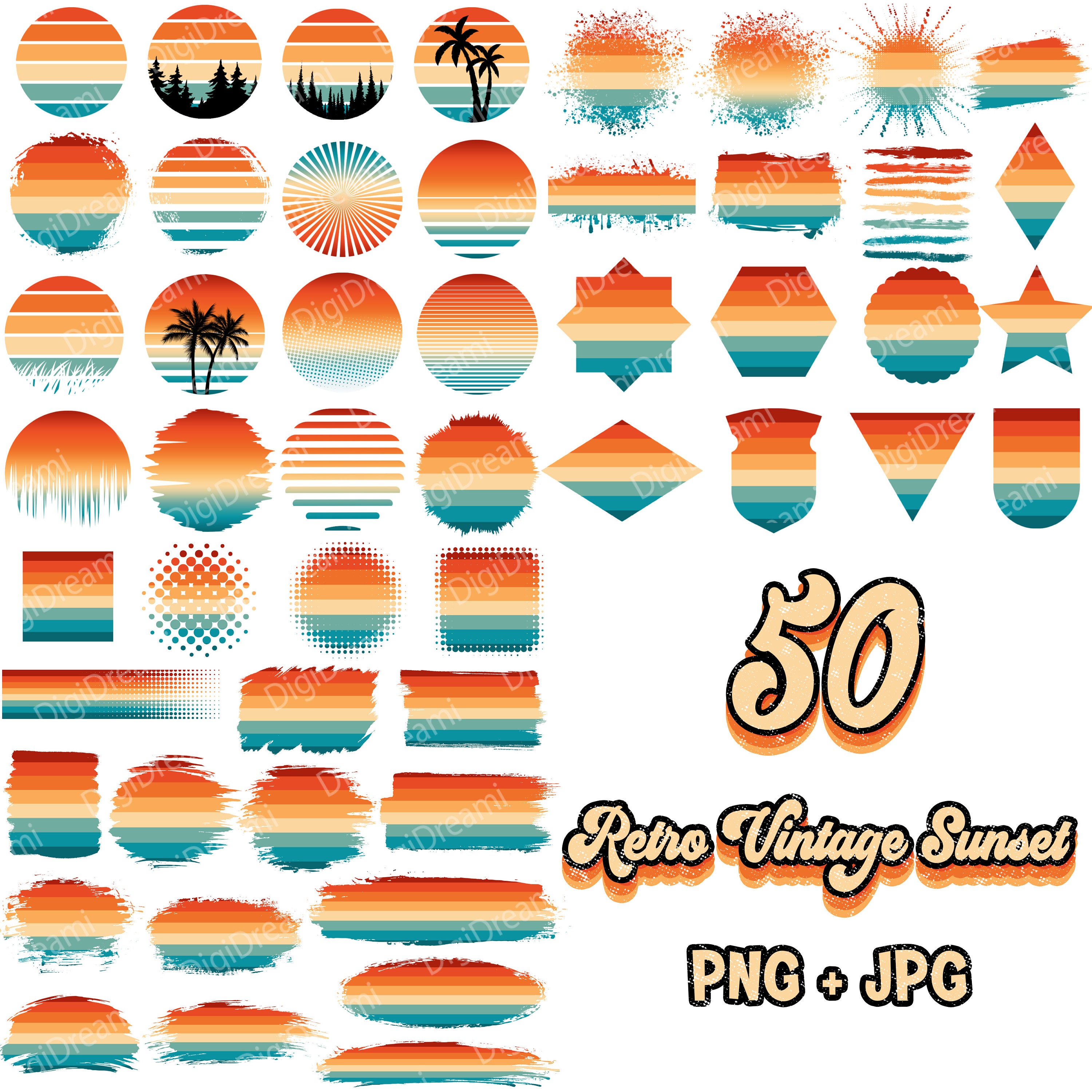 50 Retro Vintage Sunset Clipart PNG JPG Different Shapes Vintage Retro ...