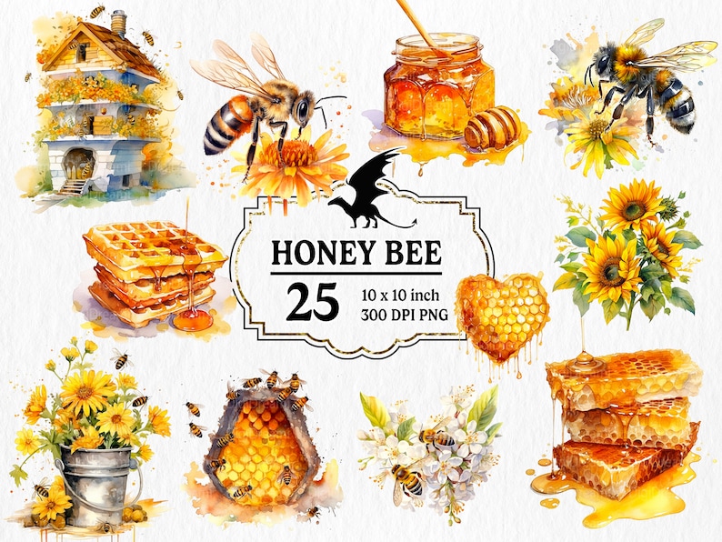 25 Watercolor Honey Bee Clipart PNG Whimsical Honey Bee Cute Honey Bee ...